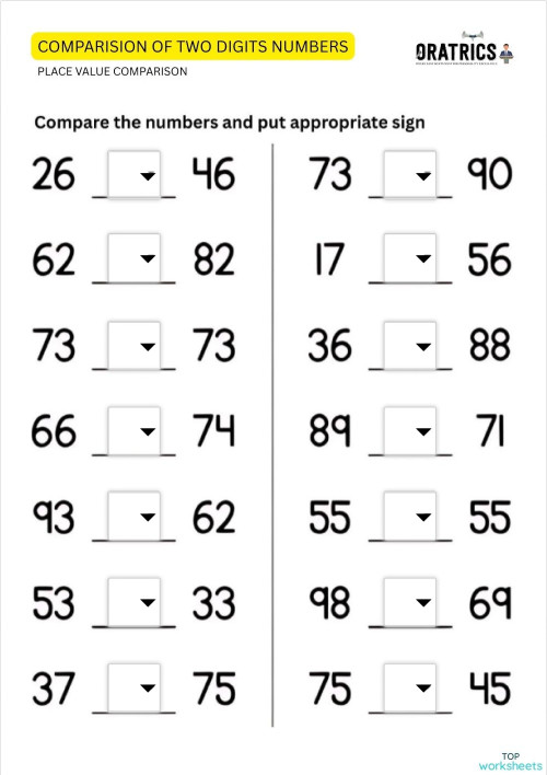COMPARISION OF TWO DIGITS NUMBERS 3. Interactive worksheet | TopWorksheets