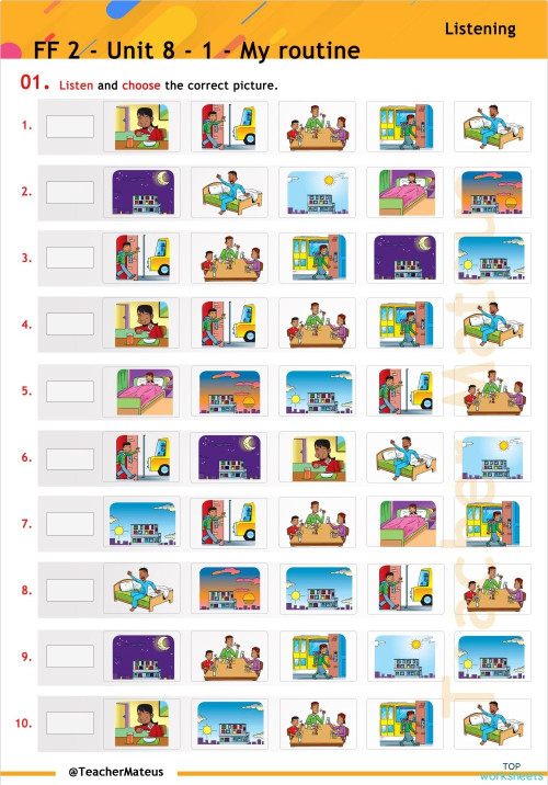 FF 2 - Unit 08 - 1 - My routine - Listening - TM0302. Interactive ...