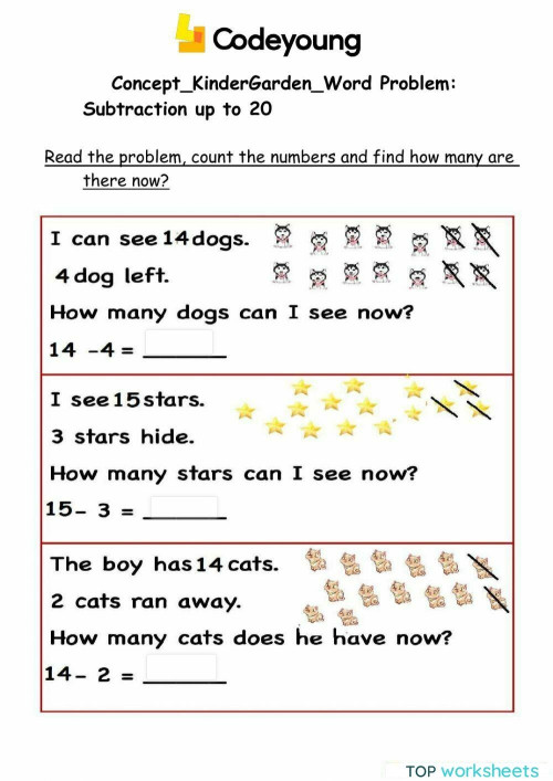 Subtraction upto 20. Interactive worksheet | TopWorksheets