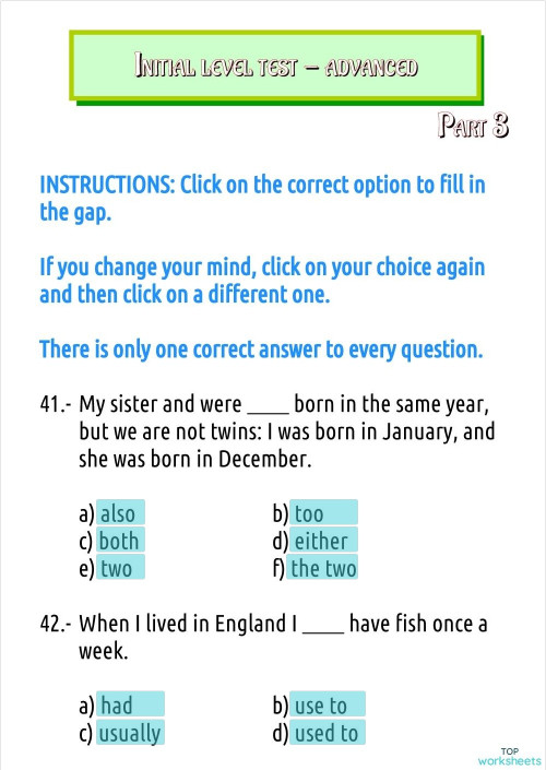 Initial level test - advanced - part 3. Interactive worksheet ...
