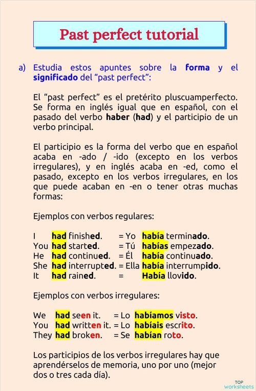 Past perfect tutorial. Ficha interactiva | TopWorksheets