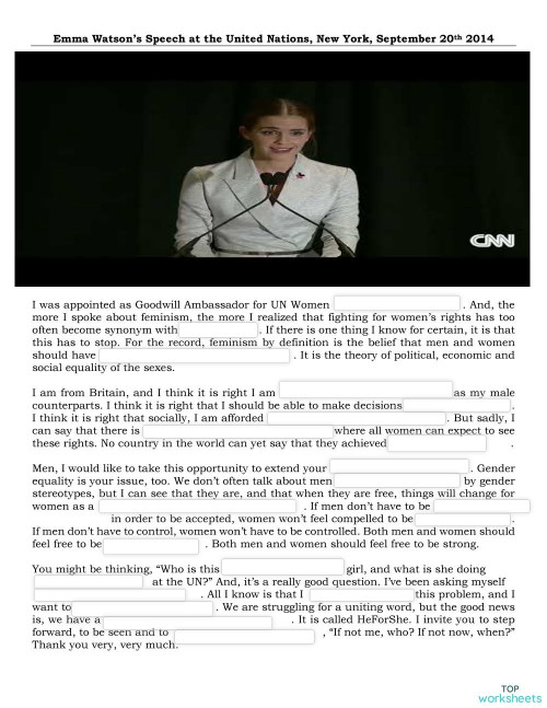 Emma Watson's speech at the UN. Interactive worksheet | TopWorksheets