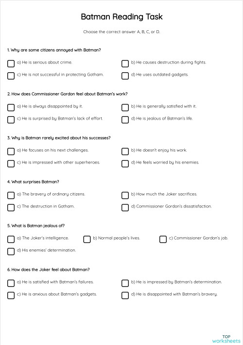 Batman Reading Task. Interactive worksheet | TopWorksheets
