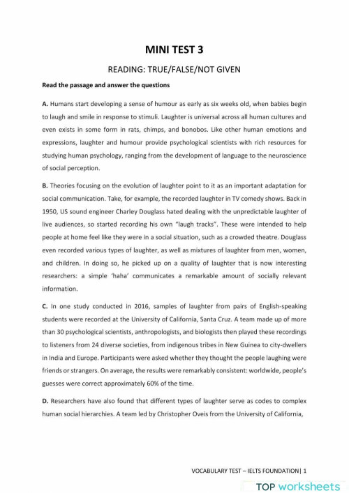 Mini test 3 - Foundation level. Interactive worksheet | TopWorksheets