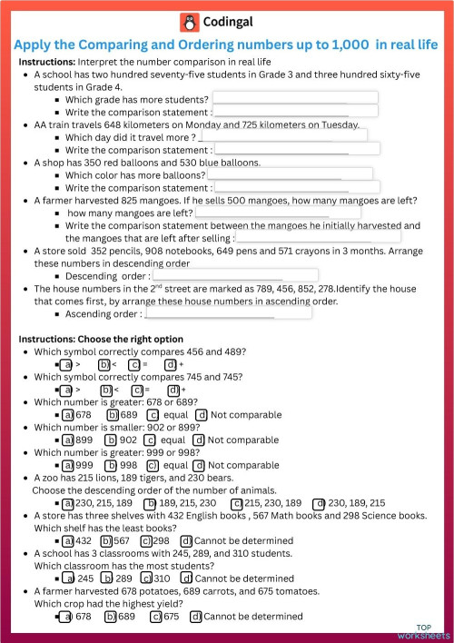 M_G03M02L03_WA02_Compare_numbers_up_to_1,000_4. Interactive worksheet | TopWorksheets