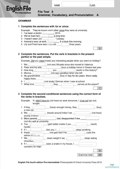 English File Pre Intermediate 9A. Interactive worksheet | TopWorksheets
