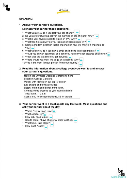 Speaking test. Ficha interativa | TopWorksheets