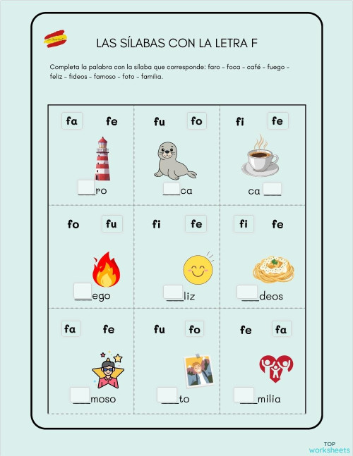 Las sílabas con la letra F. Ficha interactiva | TopWorksheets