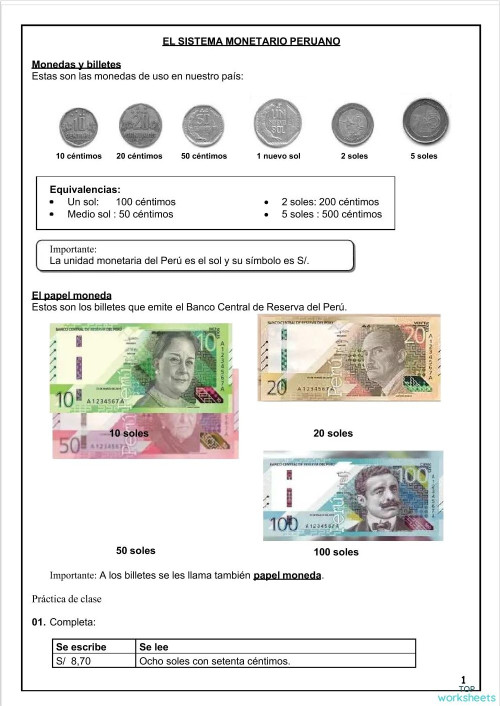 monedas 3er grado. Ficha interactiva | TopWorksheets