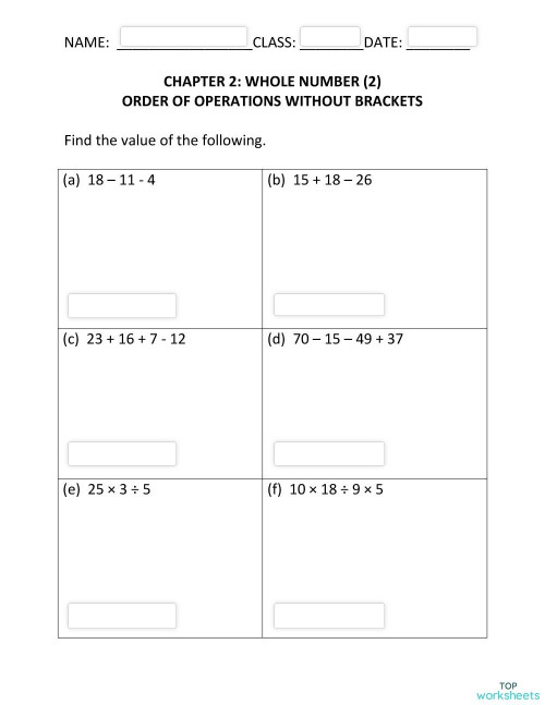 ORDER OF OPERATIONS WITHOUT BRACKETS. Interactive worksheet | TopWorksheets