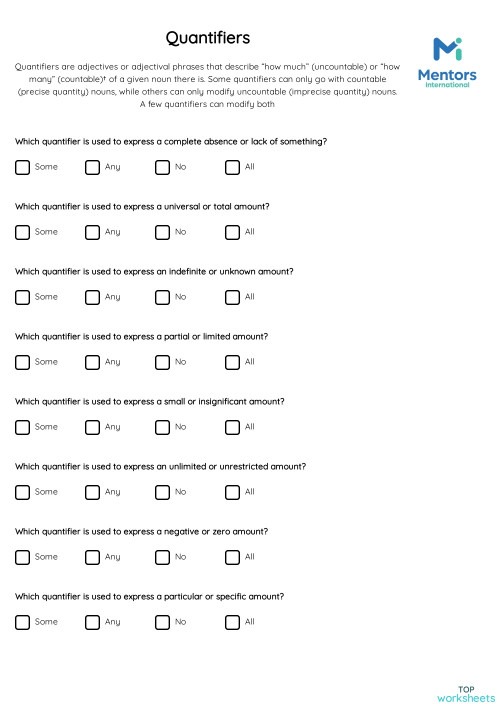 Quantifiers. Interactive worksheet | TopWorksheets