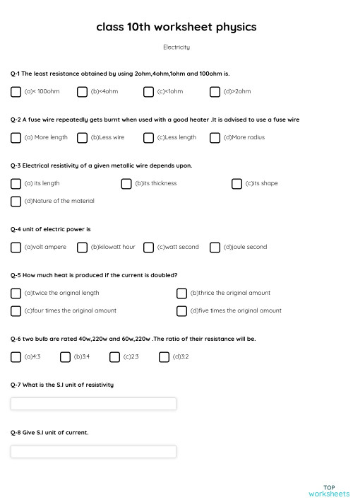 class 10th worksheet physics. Interactive worksheet | TopWorksheets