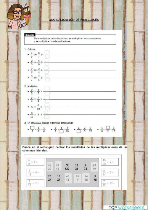 Multiplicación de fracciones. Ficha interactiva | TopWorksheets