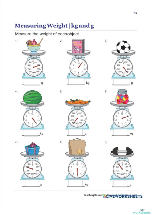 Measuring Weight /Mass ( kg & g). Interactive worksheet | TopWorksheets