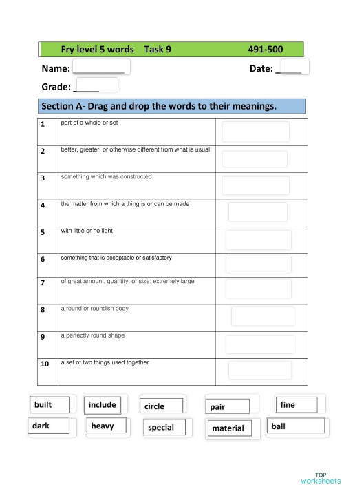 Fry level 5 words Task 9 491-500. Interactive worksheet | TopWorksheets