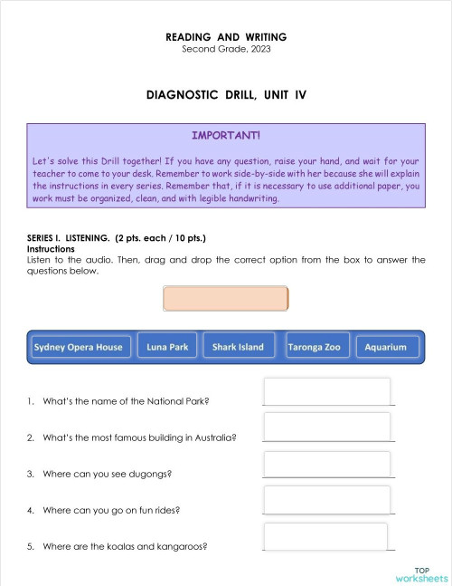 Reading Diagnostic, Second Grade, Unit IV. Interactive worksheet ...