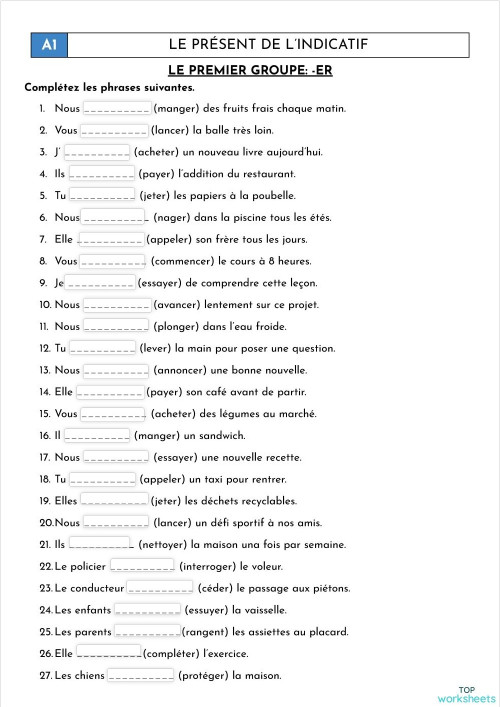 Le présent de l'indicatif - le premier groupe -er. Fiche interactive ...