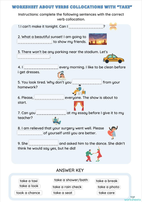 worksheet about verbs collocations with take. Interactive worksheet ...