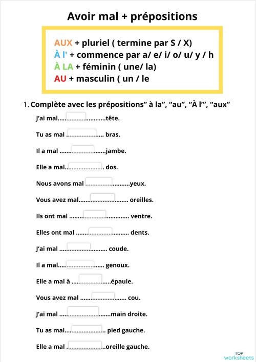 les parties du corps et les prépositions -à la, au, à l', aux). Fiche ...