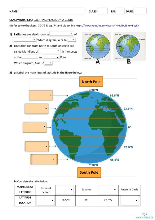 CW4.1C Locating Places on a Globe. Interactive worksheet | TopWorksheets
