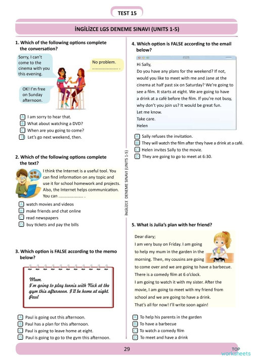 8th Grade | 1-5 Revision Tests - 1. Interactive worksheet | TopWorksheets