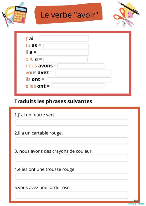 verbe avoir et matériel scolaire. Fiche interactive | TopWorksheets