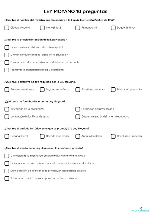 LEY MOYANO 10 preguntas. Ficha interactiva | TopWorksheets