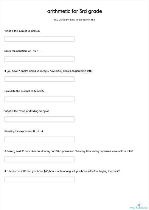 arithmetic for 3rd grade. Interactive worksheet | TopWorksheets