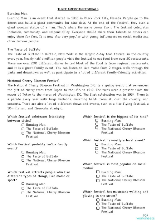 Three American Festivals. Interactive worksheet | TopWorksheets