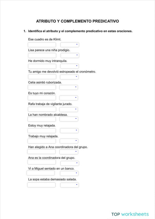 Atributo y complemento predicativo. Ficha interactiva | TopWorksheets