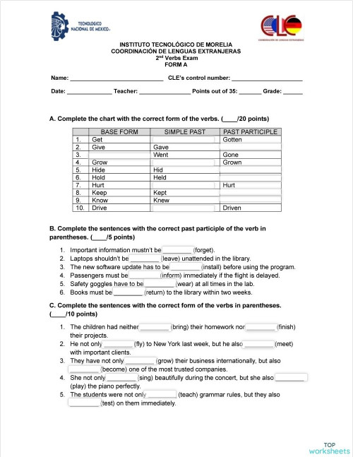 2nd verbs test level 5. Interactive worksheet | TopWorksheets