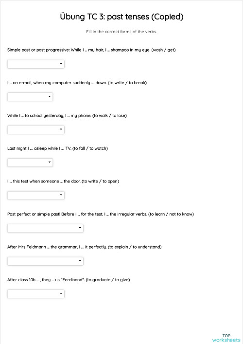 Übung TC 3: past tenses (Copied). Interactive worksheet | TopWorksheets