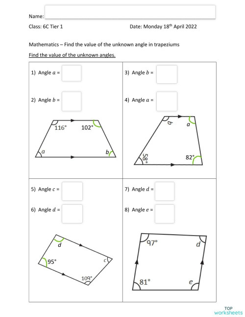Unknown Angle in Trapeziums. Interactive worksheet | TopWorksheets