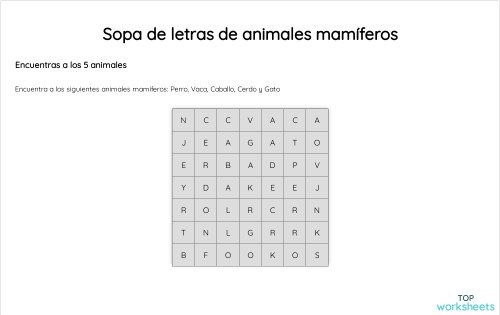 Sopa de letras de animales mamíferos. Ficha interactiva | TopWorksheets