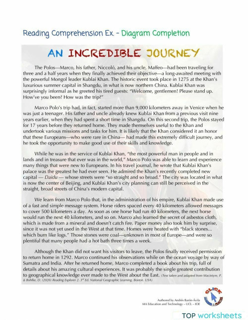 Reading Ex. - An Incredible Journey. Interactive worksheet | TopWorksheets