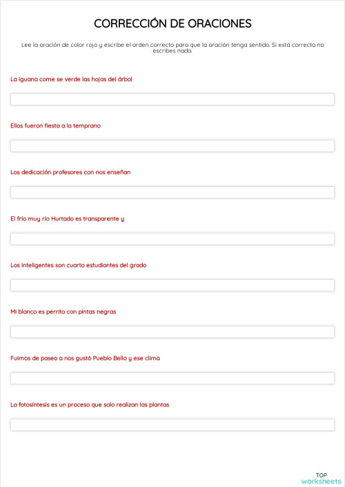 Oraciones: fichas interactivas y ejercicios online | TopWorksheets