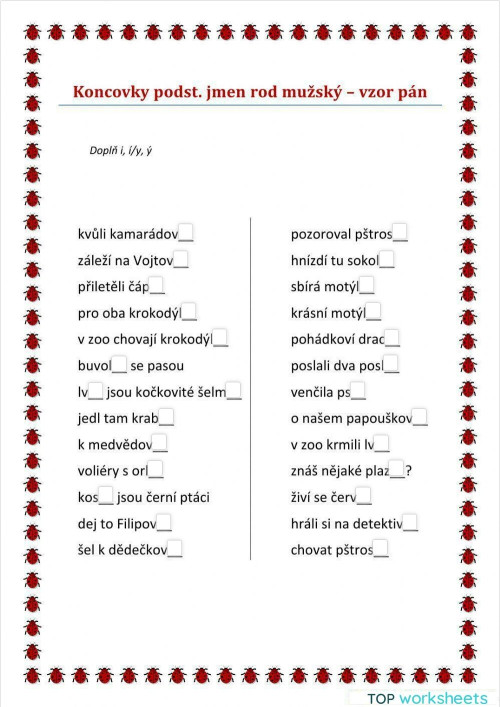 Čeština: interaktivní pracovní listy a online cvičení | TopWorksheets