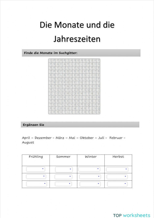 Die Monate und die Jahreszeiten. Interaktives Arbeitsblatt | TopWorksheets