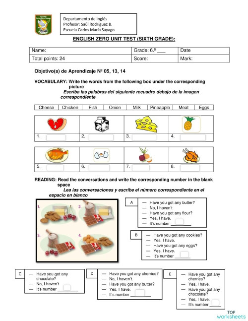 English Zero Unit Test. Interactive worksheet | TopWorksheets