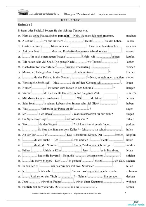 Perfekt 01. Interaktives Arbeitsblatt | TopWorksheets