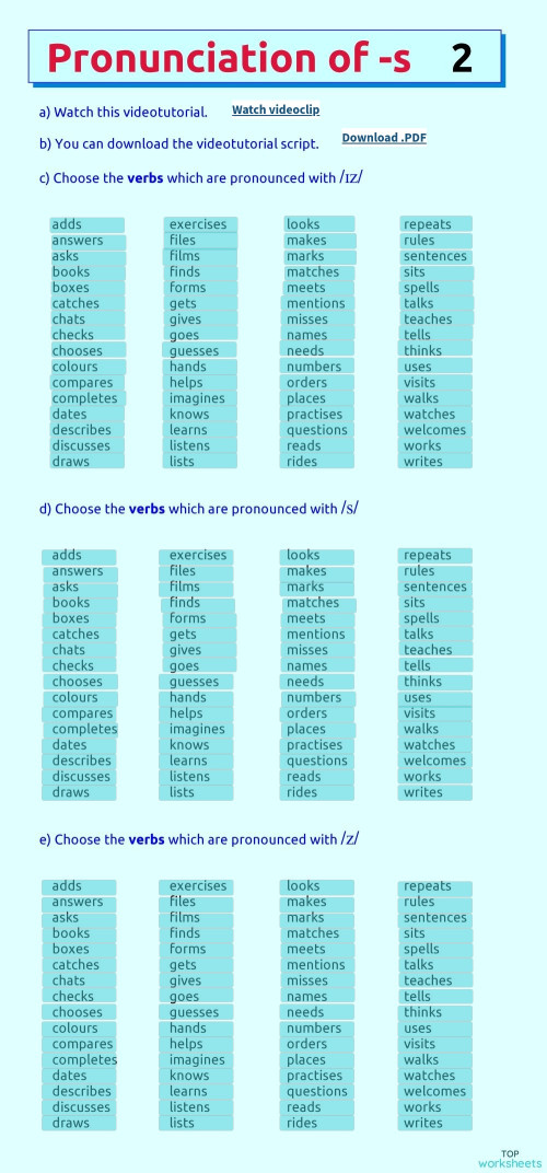 Game: pronunciation of final -s or -es. Interactive worksheet ...