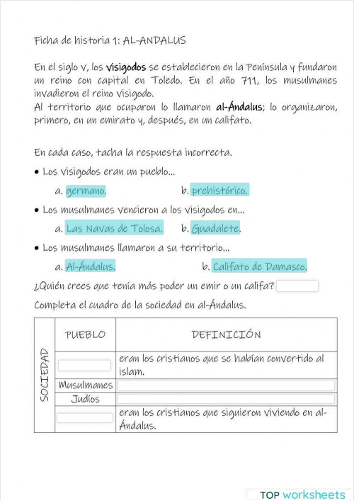 Ficha de historia 1: AL-ANDALUS. Ficha interactiva | TopWorksheets