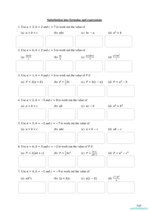 Algebra Substitution of Formula. Interactive worksheet | TopWorksheets