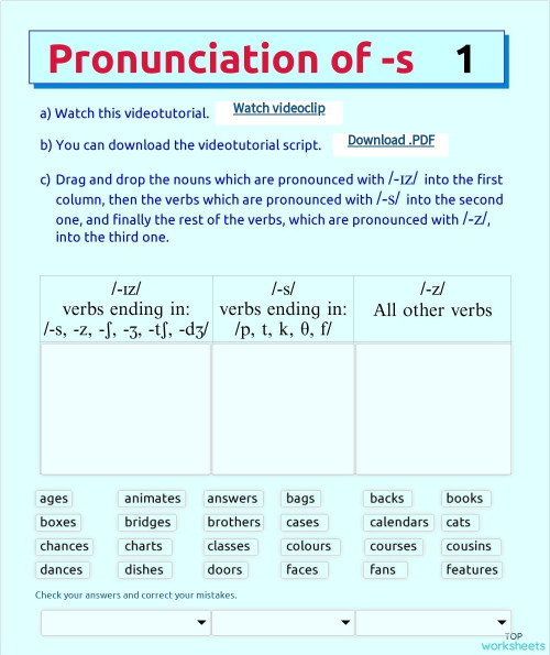 Pronunciation of -s 1. Interactive worksheet | TopWorksheets