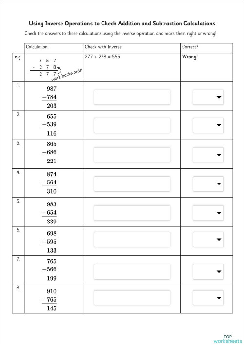 M_G02M07L34_WE02_Verifying Subtraction Using Addition. Interactive worksheet | TopWorksheets