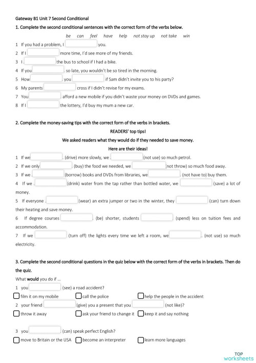 Gateway B1 Unit 7 Second Conditional. Interactive worksheet | TopWorksheets