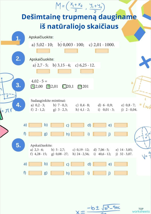 Dešimtainę trupmeną dauginame iš natūraliojo skaičiaus. Interactive worksheet | TopWorksheets