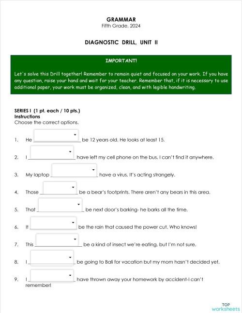 Grammar Diagnostic Drill-Fifth Grade-Unit II. Interactive worksheet ...