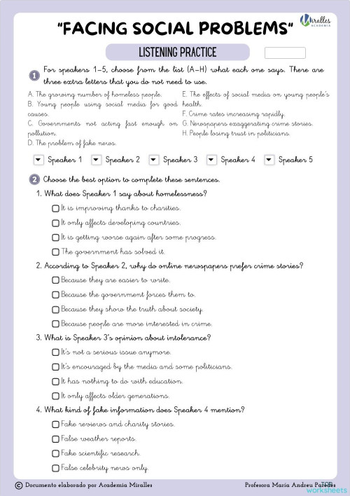 Listening "Facing social problems". Interactive worksheet | TopWorksheets
