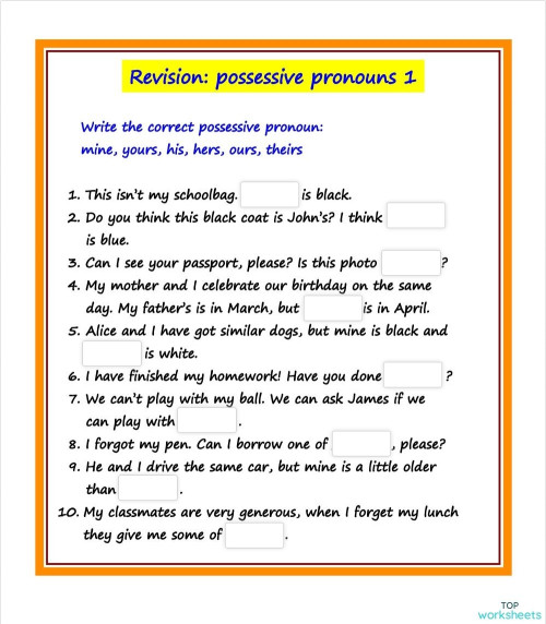 Revision: possessive pronouns 1. Interactive worksheet | TopWorksheets